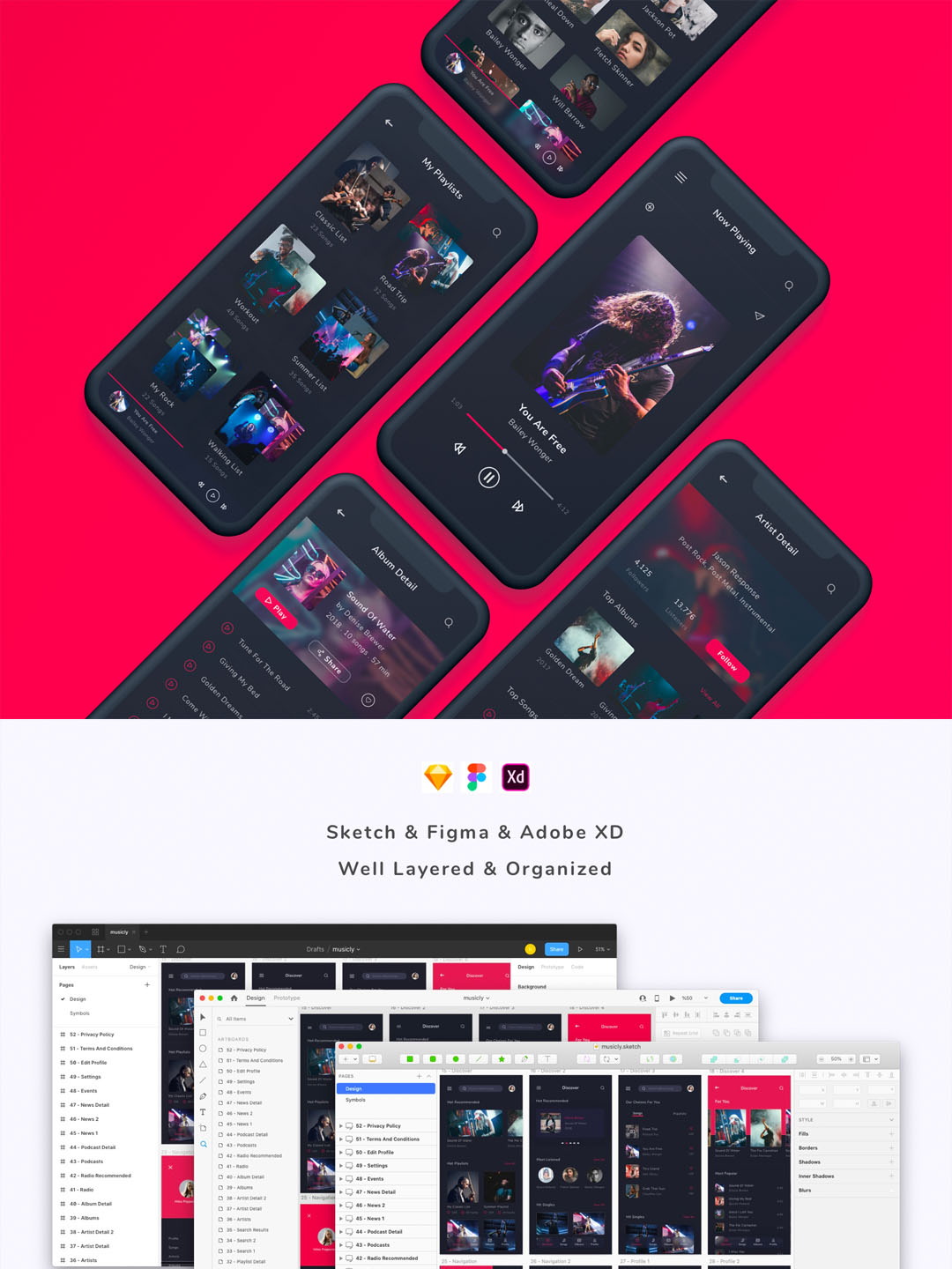 音乐APP设计组件源文件 | UI设计组件Figma、xd、sketch格式
