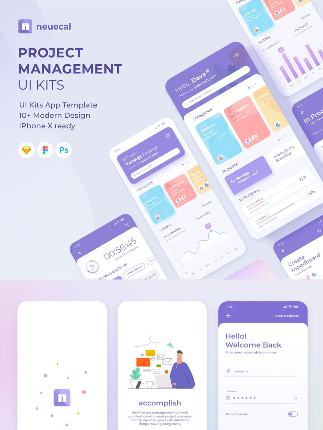 12页项目管理，协同办公app UI界面psd、sketch,figma源文件