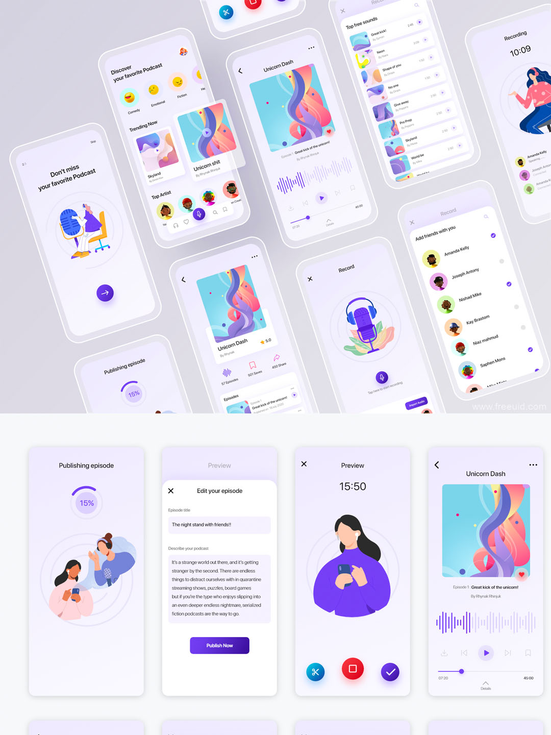 一款小清新的音乐APP UI源文件下载，音乐UI资源下载，音频FM UI素材xd源文件下载