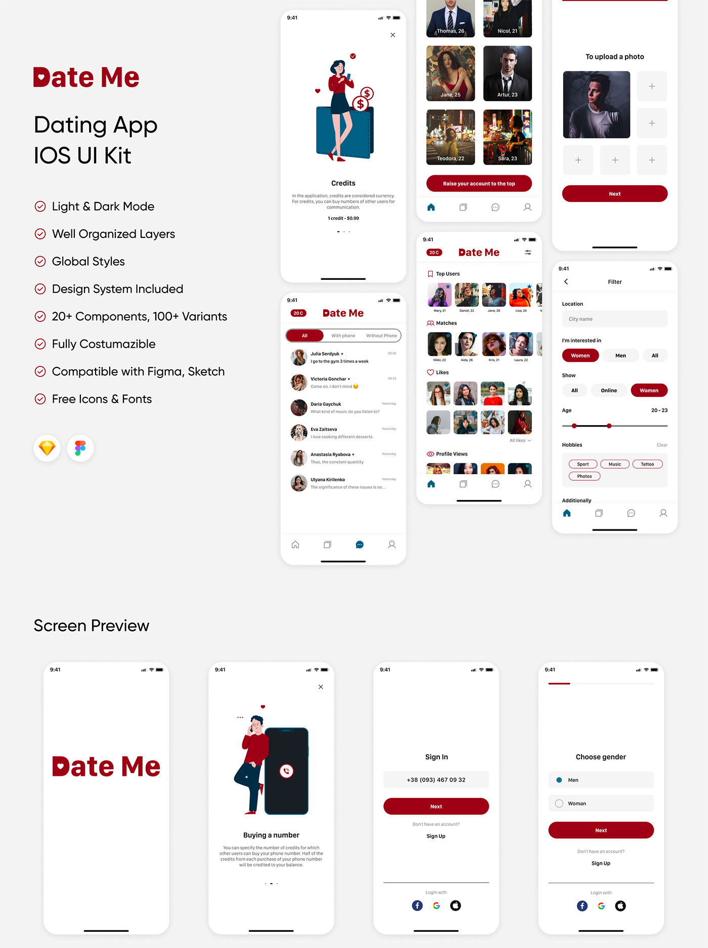 黑白两种模式 130页交友约会app sketch，figma资源