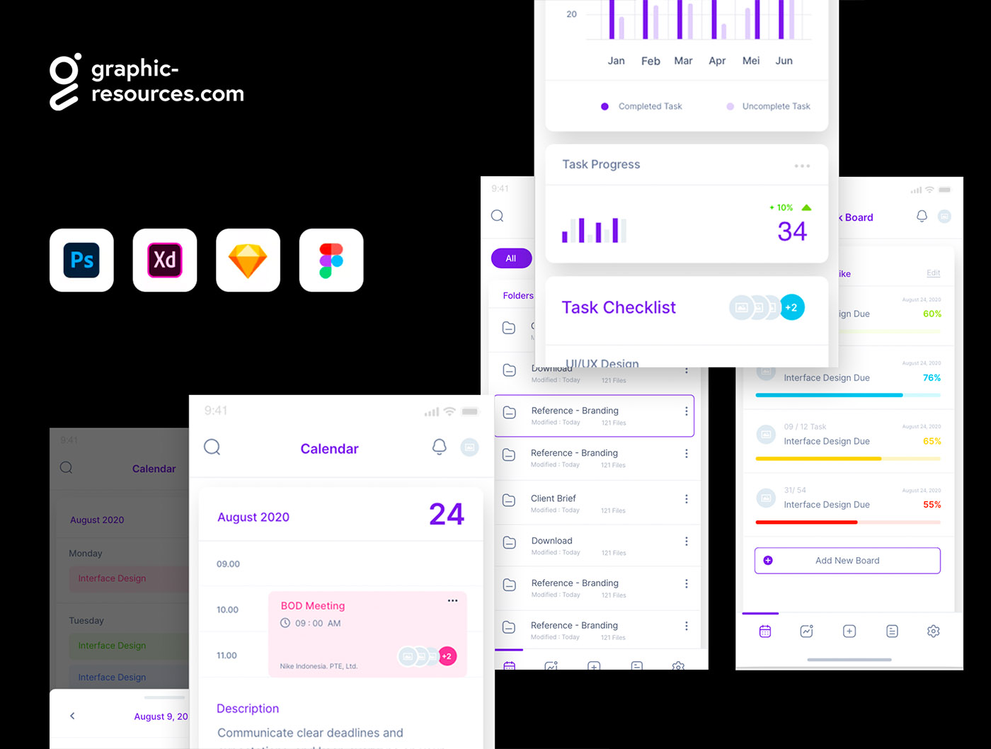 「4种格式」80页项目管理小程序，app高保真原型 – UI 套件sketch，xd，figma，psd格式