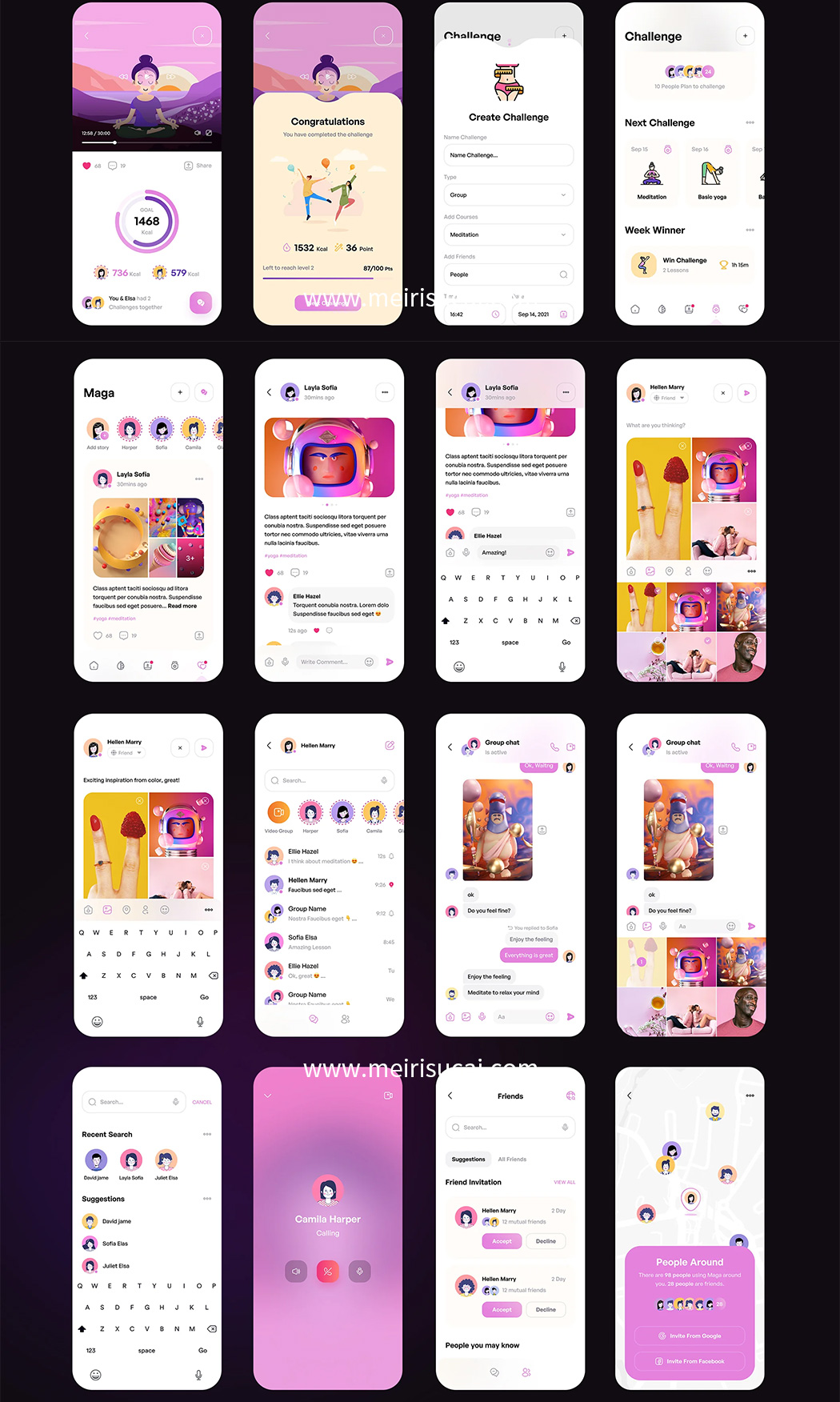 156页时尚的明暗模式瑜伽和冥想UI工具包figma源文件